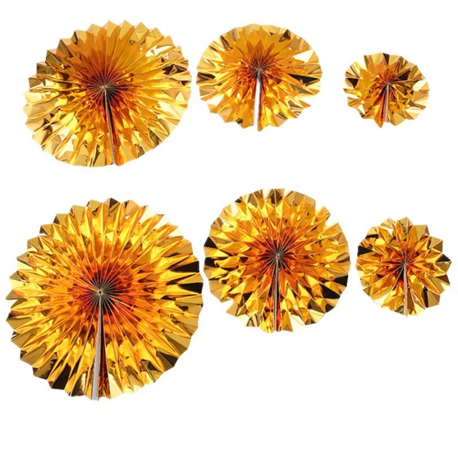 Set of 6 Vibrant Gold Metallic Hanging Paper Fans | Winner Party