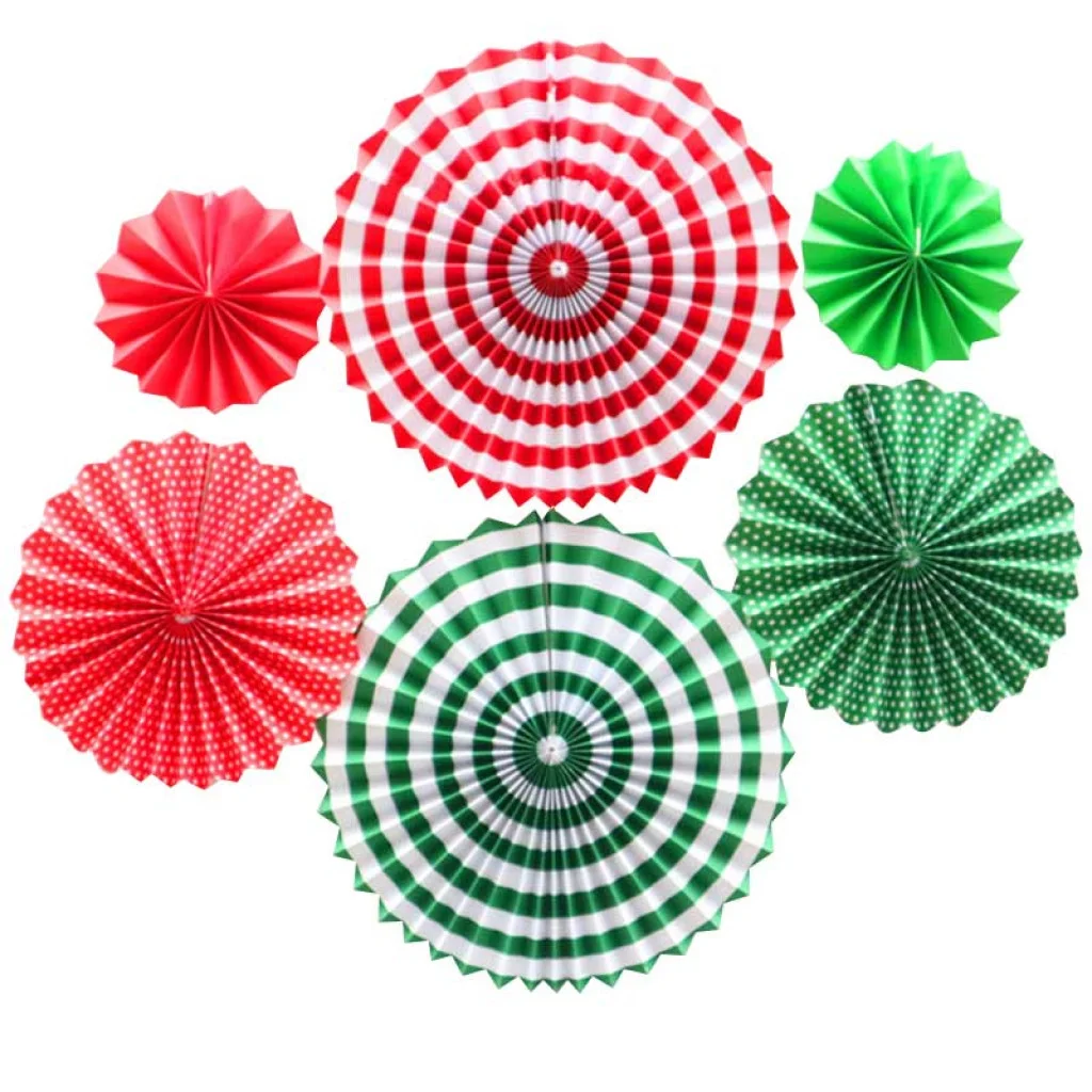 Set of 6 Vibrant Strip Red & Green Hanging Paper Fans | Winner Party
