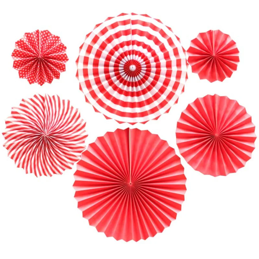 Set of 6 Vibrant Strip Red Hanging Paper Fans | Winner Party